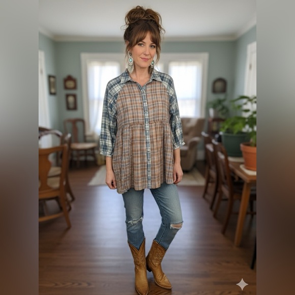 easel | Tops | Easel Nwt Mixed Plaid Cotton Babydoll Flannel Tunic ...
